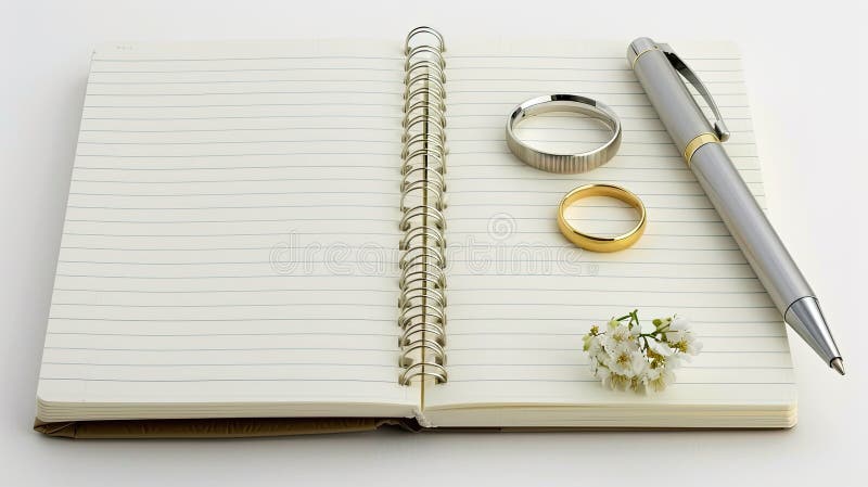 A Beautifully Arranged Composition Featuring Wedding Rings, a Pen, and ...