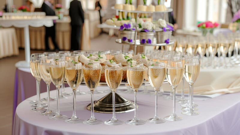 A Beautifully Arranged Display Features Champagne Glasses and Gourmet ...