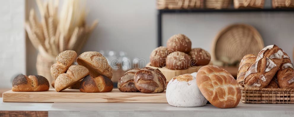 A Beautifully Arranged Display of Various Bread Types in a Bakery ...