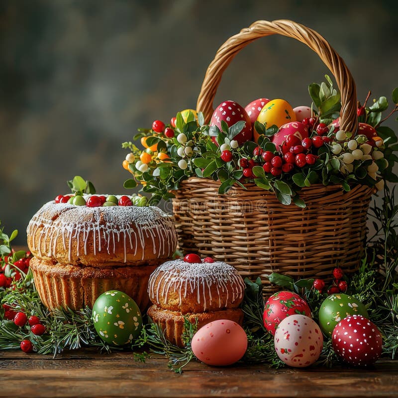 Festive Easter Baked Goods with Colorful Eggs Stock Photo - Image of ...