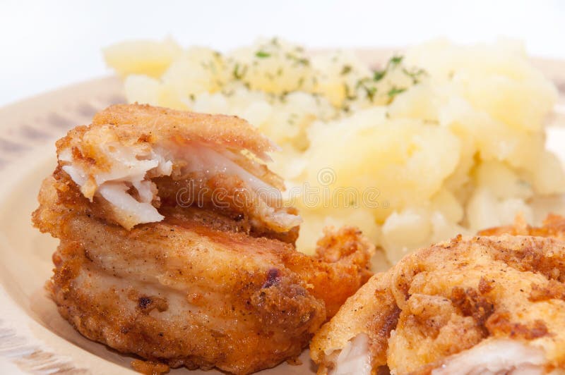 Beautifully Arranged Fried Fish with Potato Salad Stock Image - Image ...