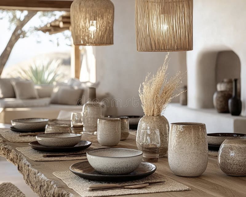 A Beautifully Arranged Light Wooden Tabletop Features an Array of Beige ...
