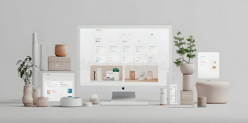 Elegant Minimalist Workspace Computer Decorative Elements Neutral ...