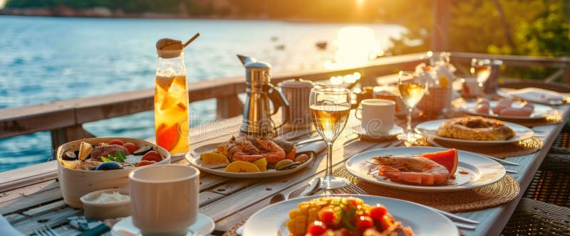 A Beautifully Arranged Outdoor Dining Table at Sunset by the Waterfront ...