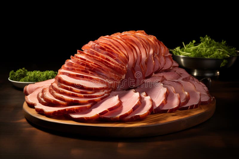 Sliced Ham Arranged Artistically on Wooden Platter with Accompanying ...