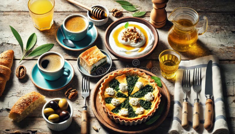 Rustic Breakfast: Quiche, Yogurt with Honey, and Coffee on Wooden Table ...
