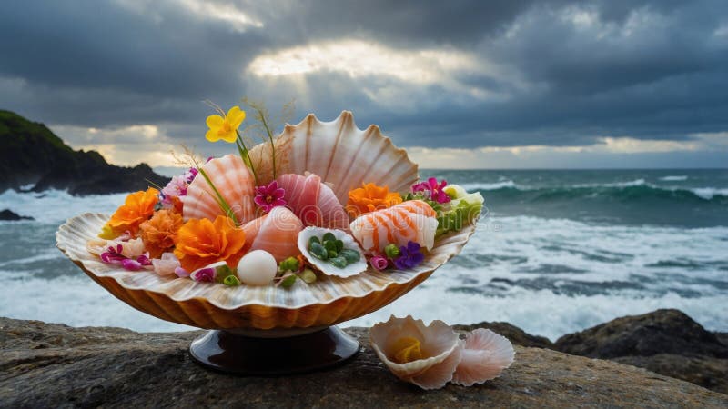 Delicious Sashimi Platter on Seashell by Ocean at Sunset Stock ...