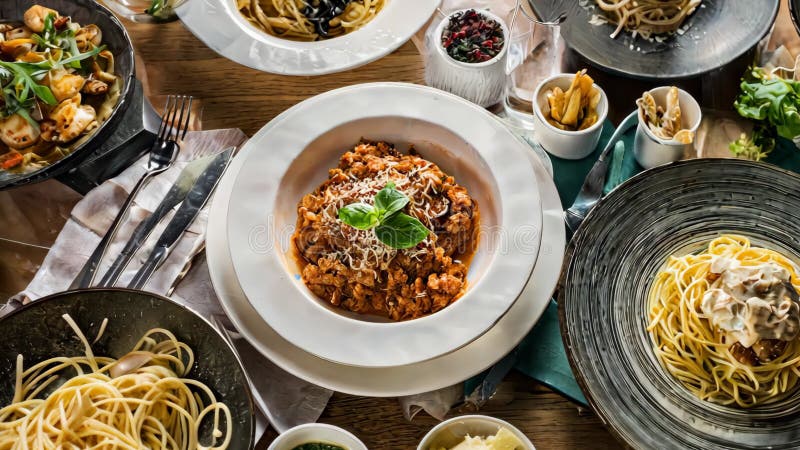 Variety of Pasta Dishes on a Restaurant Table, Featuring Spaghetti ...