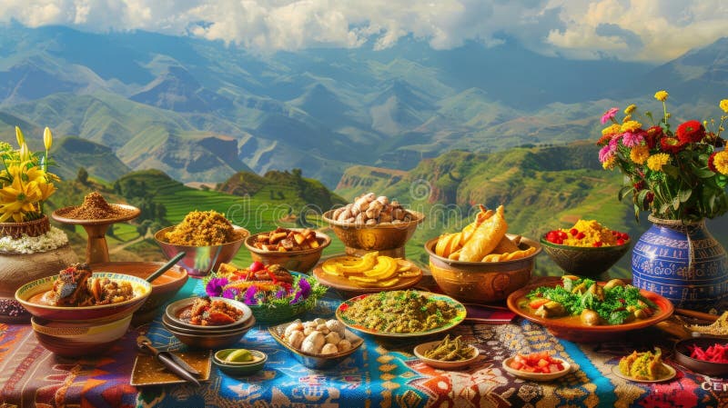 Colorful Array Traditional Dishes Arranged Beautifully Outdoor Setting ...