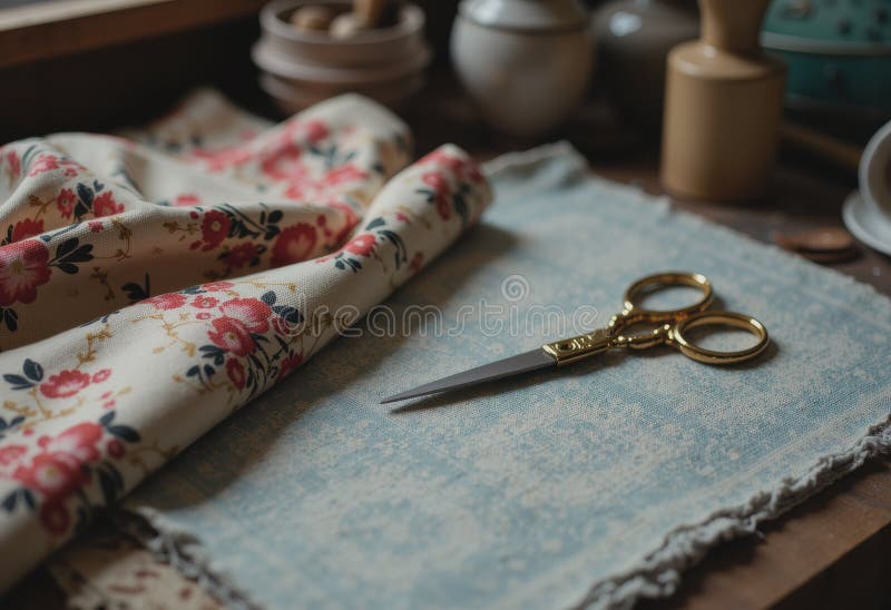 Tailor S Cutting Table with Patterned Fabric and Dressmaker Scissors ...