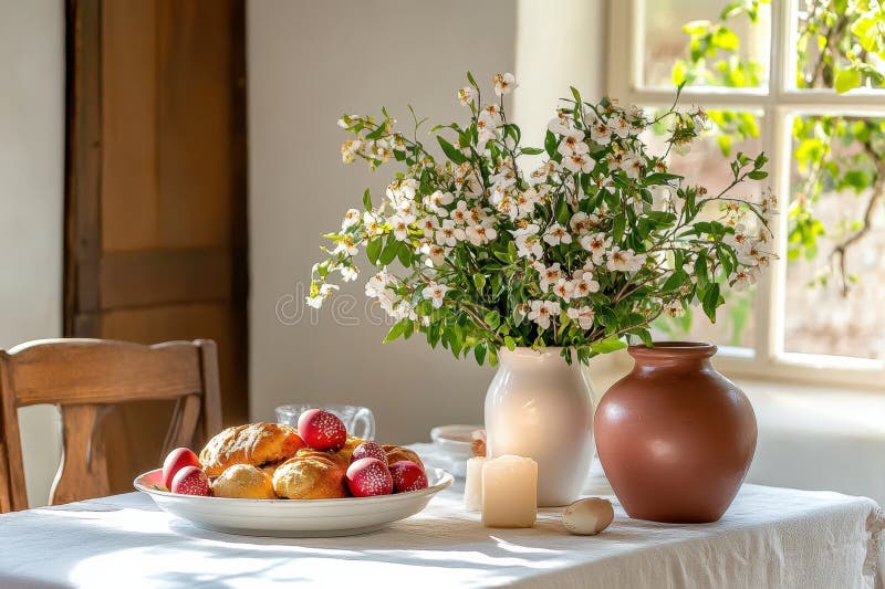 A Beautifully Charming Easter Table Setting Featuring Fresh Flowers and Delightful Seasonal ...