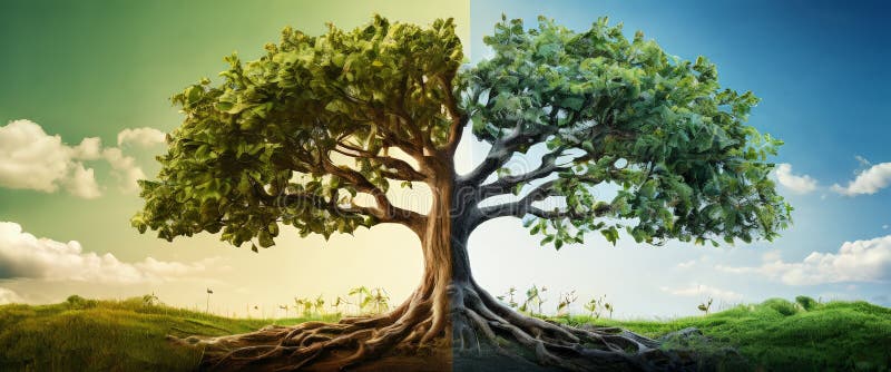Split Tree Under Different Seasons, Symbolizing Life Cycle Stock Image ...