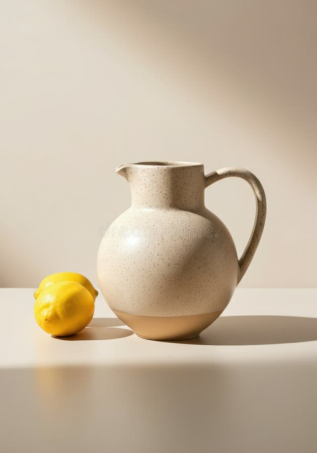 Elegant Ceramic Pitcher beside a Fresh Lemon on a Minimalist Background ...