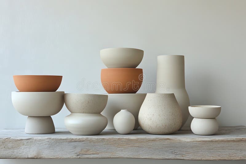 Beautifully Crafted Clay Pottery Collection on a Natural Wood Surface ...