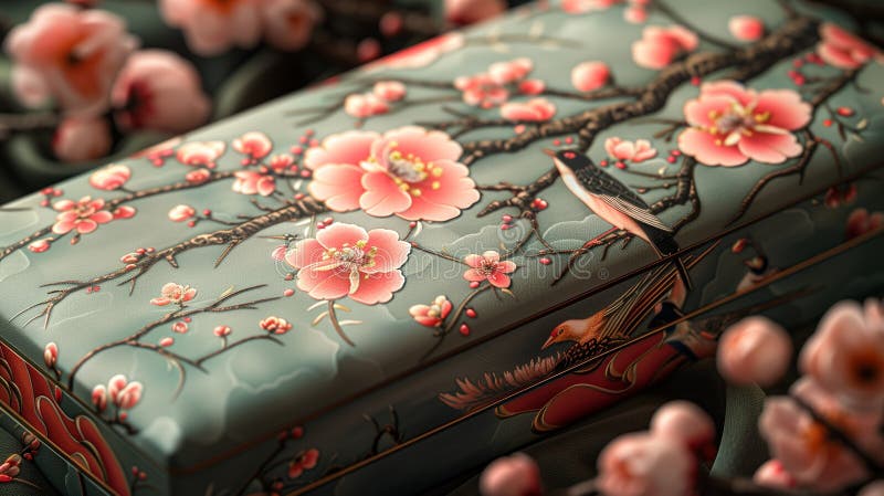 Beautifully Crafted Decorative Box Adorned with Cherry Blossom Designs ...