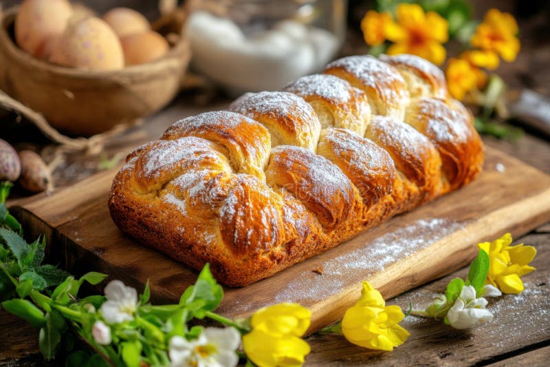 Traditional Easter Loaf with Braided Design and Fresh Flowers in a ...