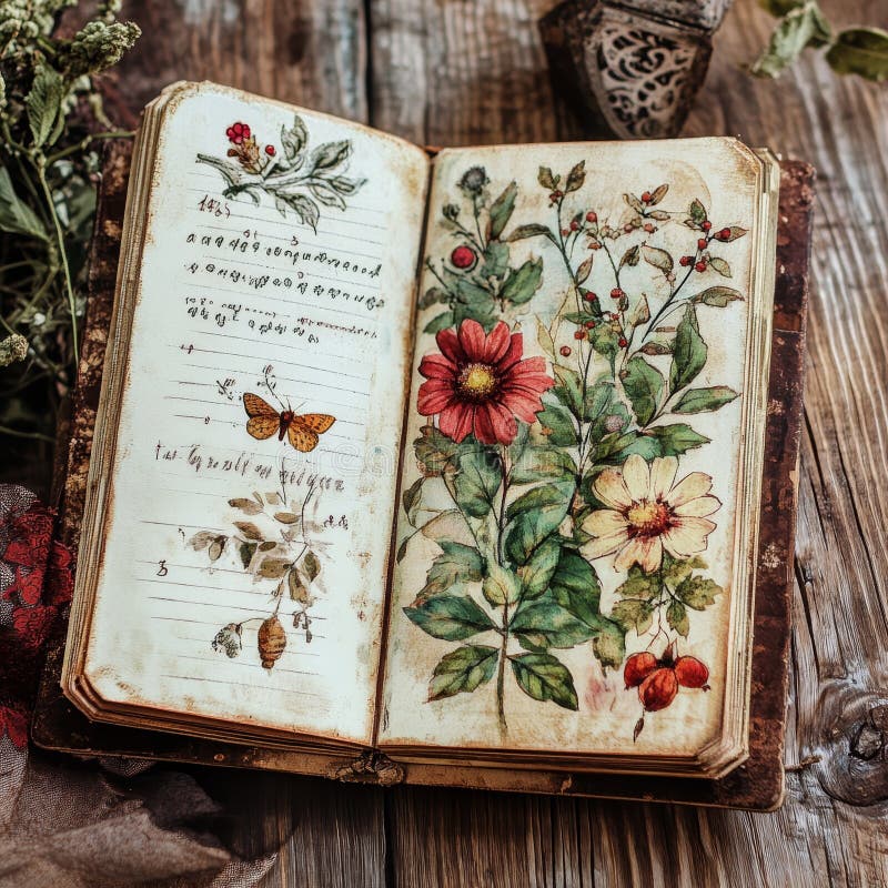 A Beautifully Crafted Open Journal Showing Botanical Sketches and ...