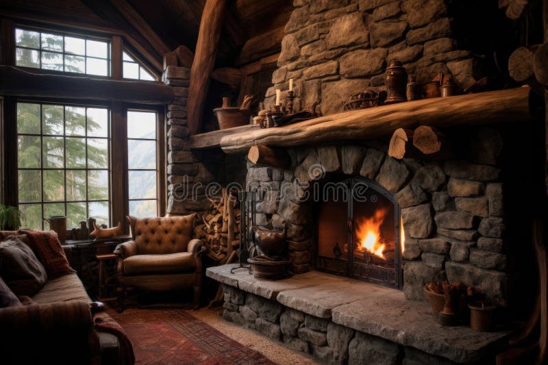Beautifully Crafted Rustic Stone Fireplace in a Cabin Stock ...