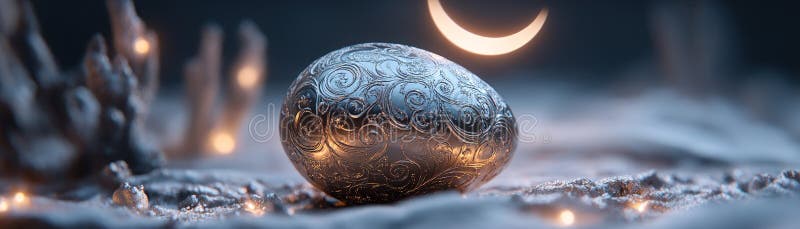 A Beautifully Crafted Silver Easter Egg Showcases Intricate Lunar Phases Etched into Its Surface ...