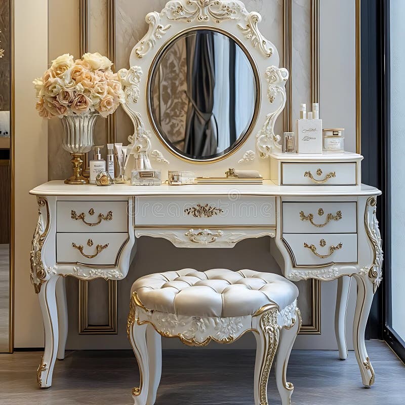 Elegant White and Gold Vanity Table with Oval Mirror and Padded Stool ...