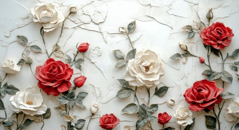 Beautifully Crafted White and Red Roses on a Textured Wall Featuring ...
