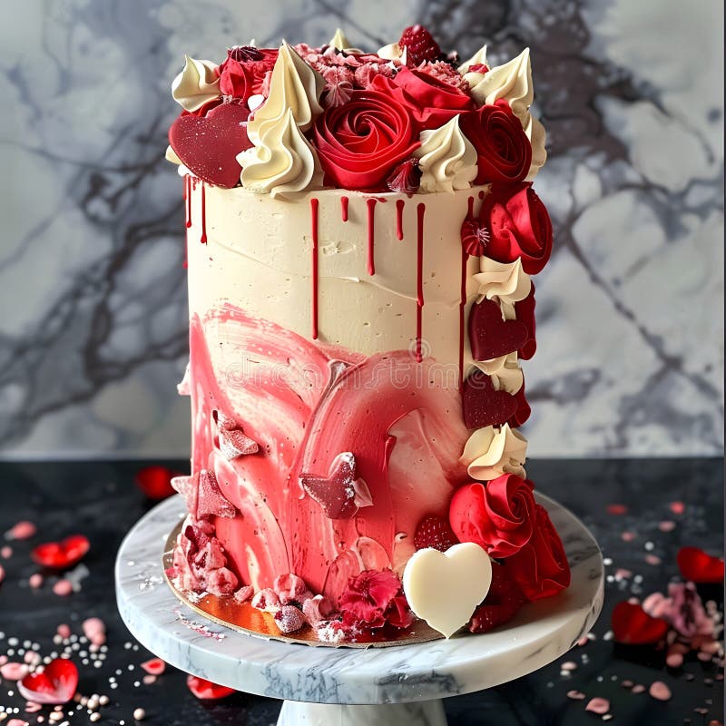 Cake Adorned with Red Roses and Whipped Cream on a Marble Stand Stock ...