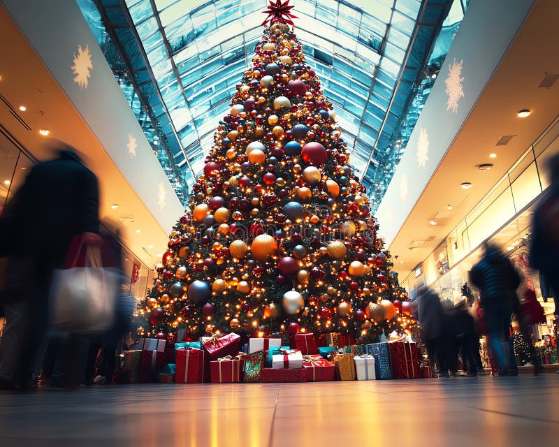 Beautifully Decorated Christmas Tree Standing in a Spacious Mall Atrium ...