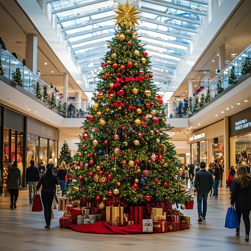 Beautifully Decorated Christmas Tree Standing in a Spacious Mall Atrium ...