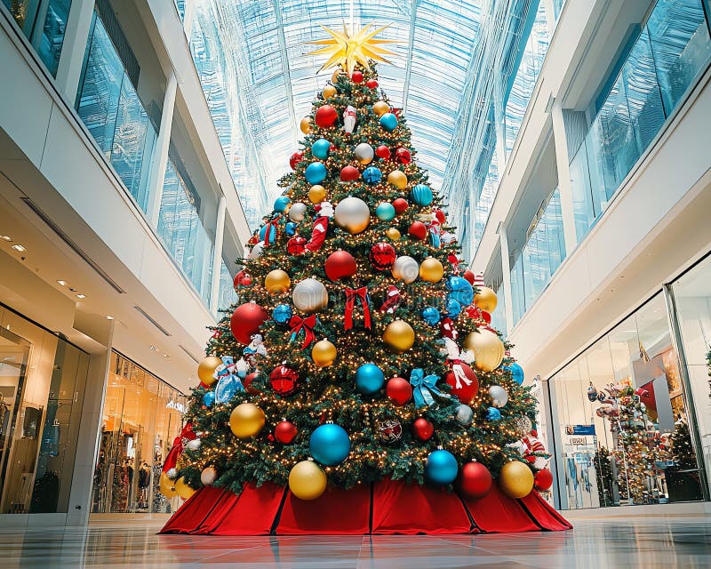 Beautifully Decorated Christmas Tree Standing in a Spacious Mall Atrium ...