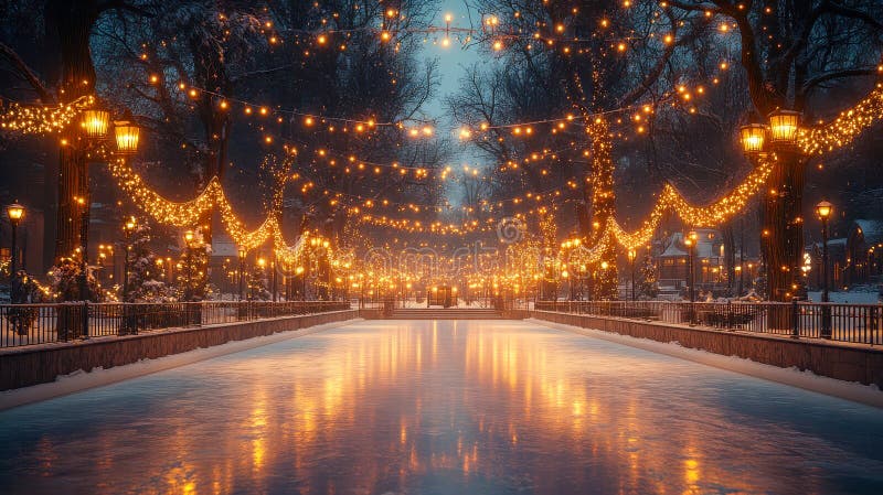 A Beautifully Decorated Ice Rink Lined with Twinkling String Lights and ...