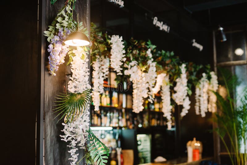 Beautifully Decorated with Plants Bar Counter Stock Photo - Image of ...