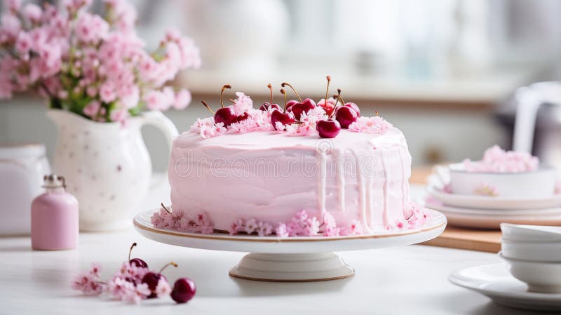 Beautifully Decorated Spring Cake with Cherry and Flower Filling ...