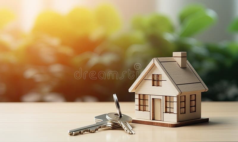 A Beautifully Designed House Model with a Key on a Stylish Table Stock ...