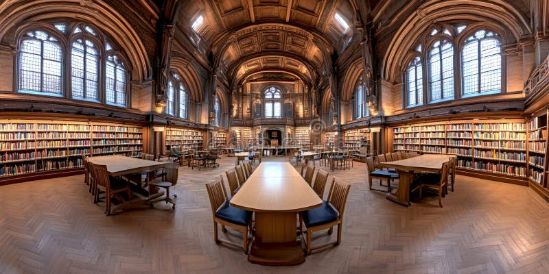 A Beautifully Designed Library Interior with Tall Windows and Wooden ...