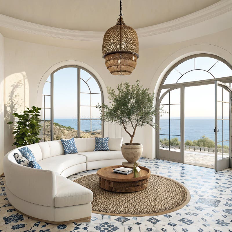 Mediterranean Style Drawing Room with Curved White Sofa, Rustic Decor ...