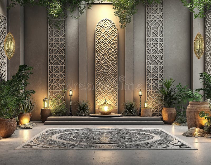 Modern Islamic Interior with Hanging Lanterns and Ornamental Decor ...