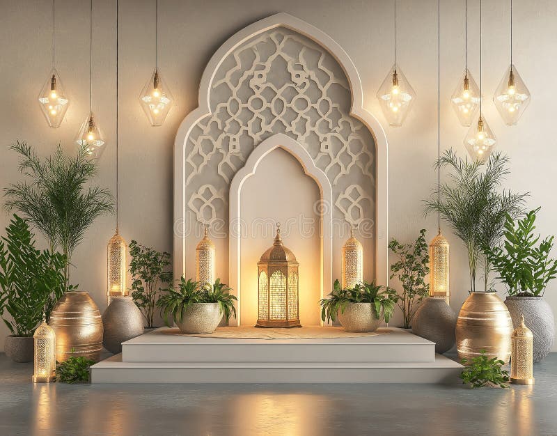Modern Islamic Interior with Hanging Lanterns and Ornamental Decor ...