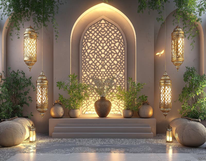Modern Islamic Interior with Hanging Lanterns and Ornamental Decor ...