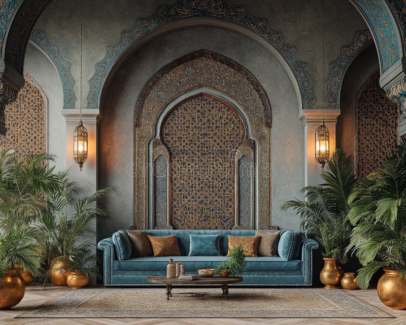 Luxurious Moroccan-Inspired Interior with Ornate Lanterns and Blue Sofa ...