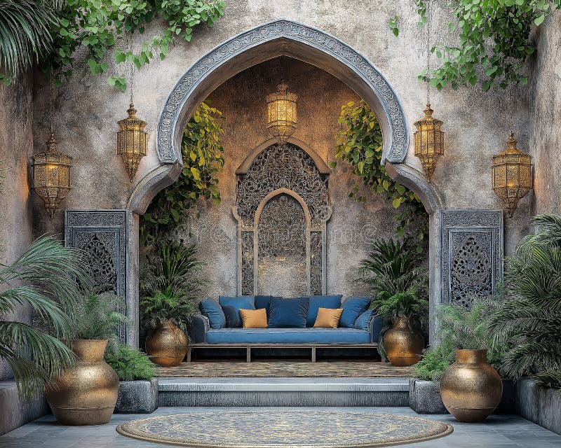 Luxurious Moroccan-Inspired Interior with Ornate Lanterns and Blue Sofa ...
