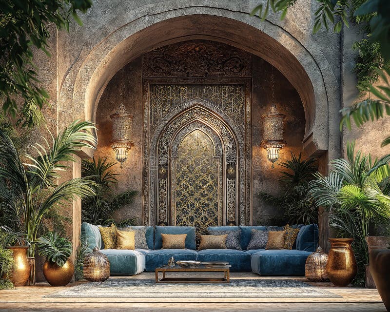 Luxurious Moroccan-Inspired Interior with Ornate Lanterns and Blue Sofa ...