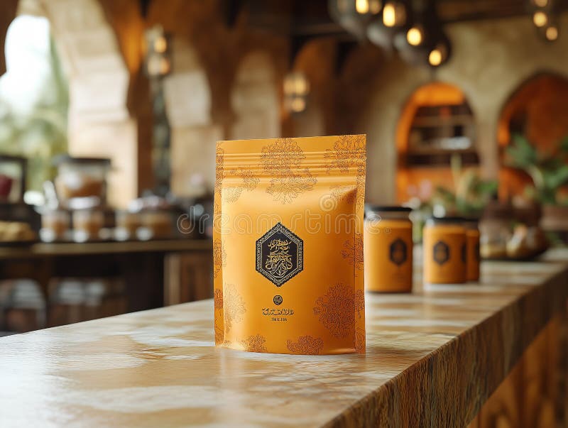 Elegant Arabic-Inspired Packaging in a Traditional Marketplace Stock ...