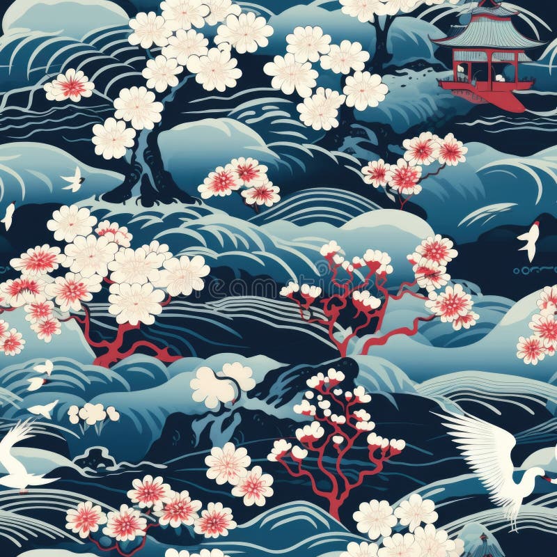 Elegant Japanese Seamless Pattern with Waves, Cranes, and Cherry ...