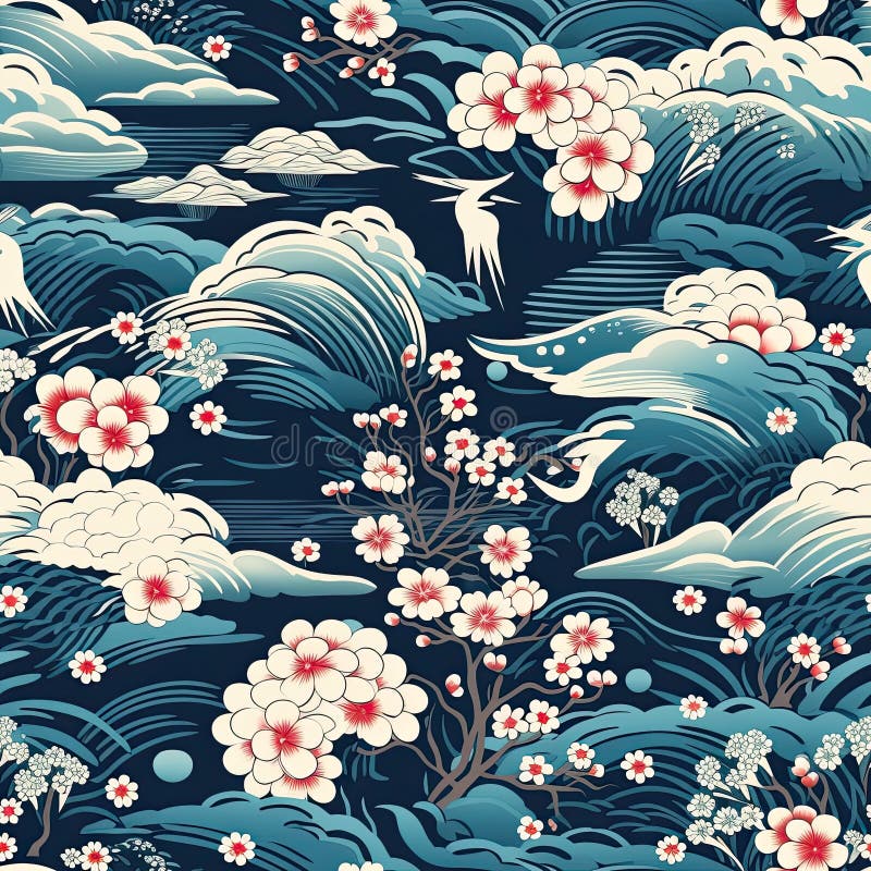 Elegant Japanese Seamless Pattern with Waves, Cranes, and Cherry ...