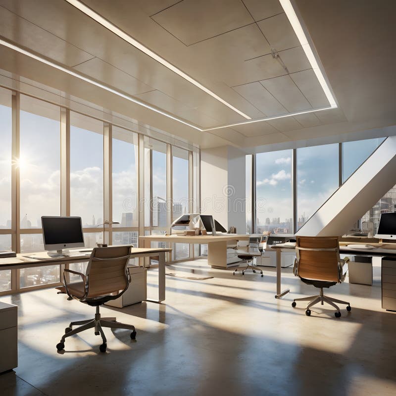 Modern Workstation and Sleek Design with Spacious Sunlit Office Stock ...