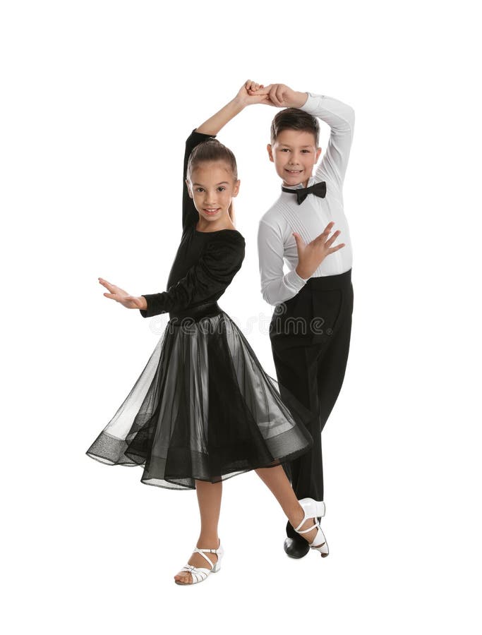Beautifully Dressed Couple of Kids Dancing on White Background Stock ...