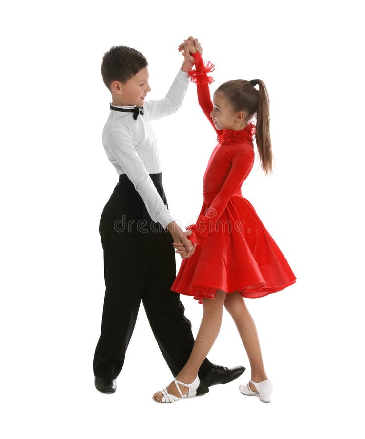 Beautifully Dressed Couple of Kids Dancing on White Background Stock ...