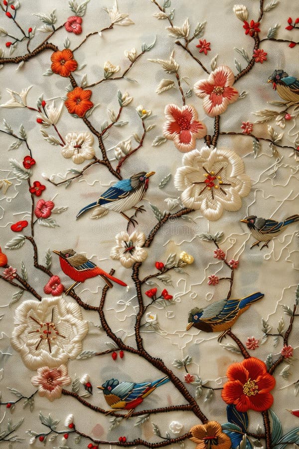 Beautifully Embroidered Birds on Floral Branches Design Stock ...