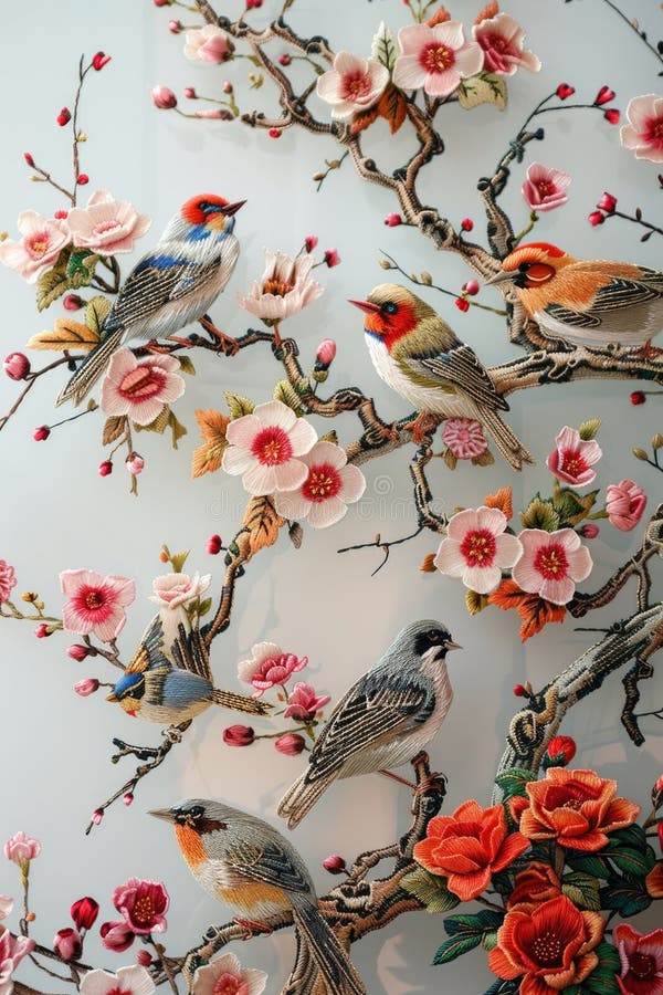 Beautifully Embroidered Birds on Floral Branches Design Stock ...