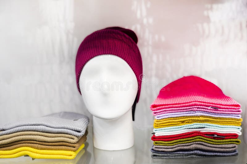 Beautifully Folded Knitted Multi-colored Woolen Hats on Display ...